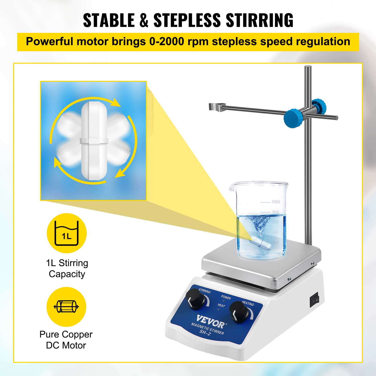 VEVOR SH-2 Magnetic Stirrer, 0-2000 RPM, 1000ml Mixing Capacity Laboratory Magnetic Stirrer Hotplate w/Stand, 180W Heating Power & 380°C Max Heating Temperature, for Lab Liquid Mixing Heating