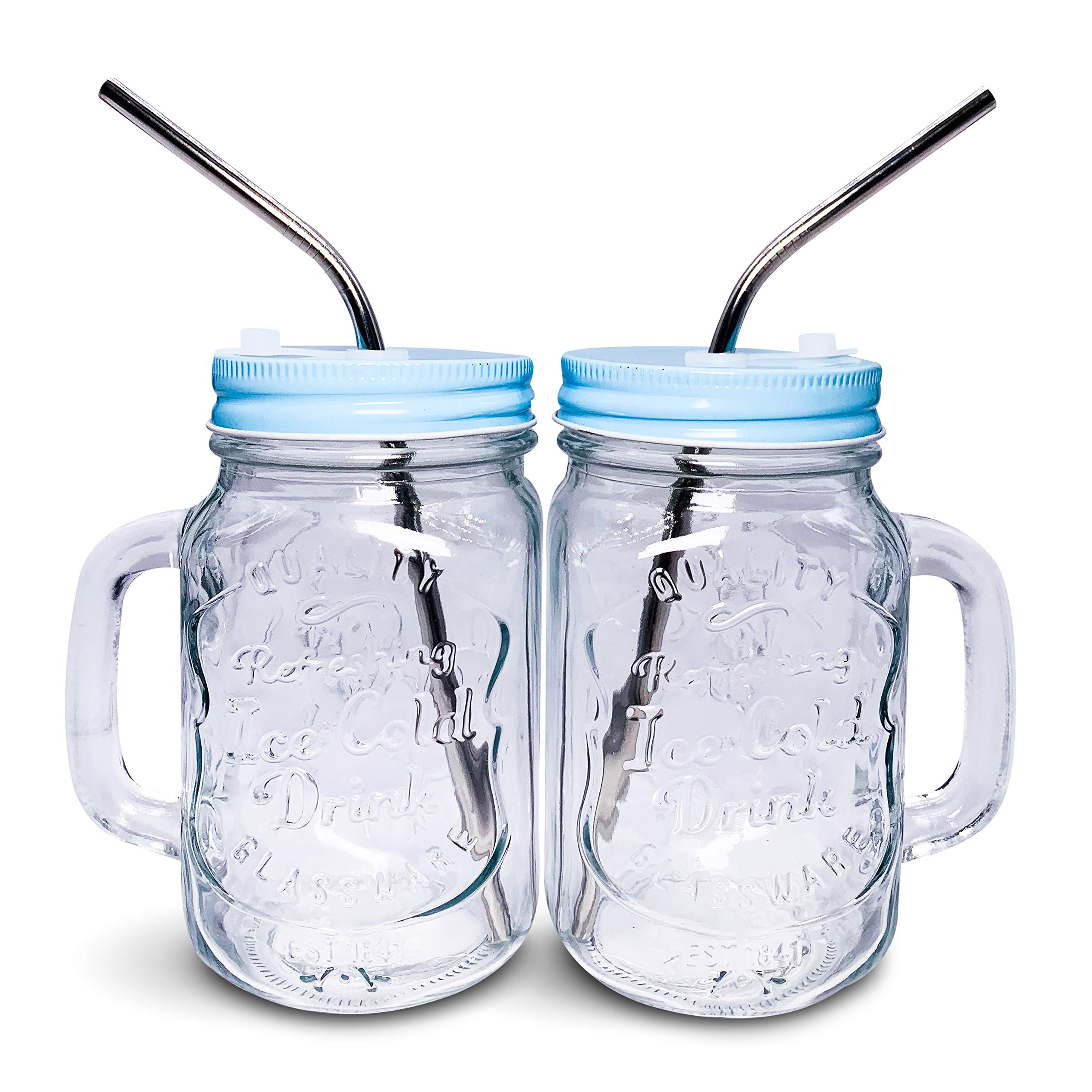 Home Suave Mason Jar Mugs with Handle, Regular Mouth Colorful Lids with 2 Reusable Stainless Steel Straw, Set of 2 (Light Blue), Kitchen GLASS 16 oz Jars,Refreshing Ice Cold Drink & Dishwasher Safe