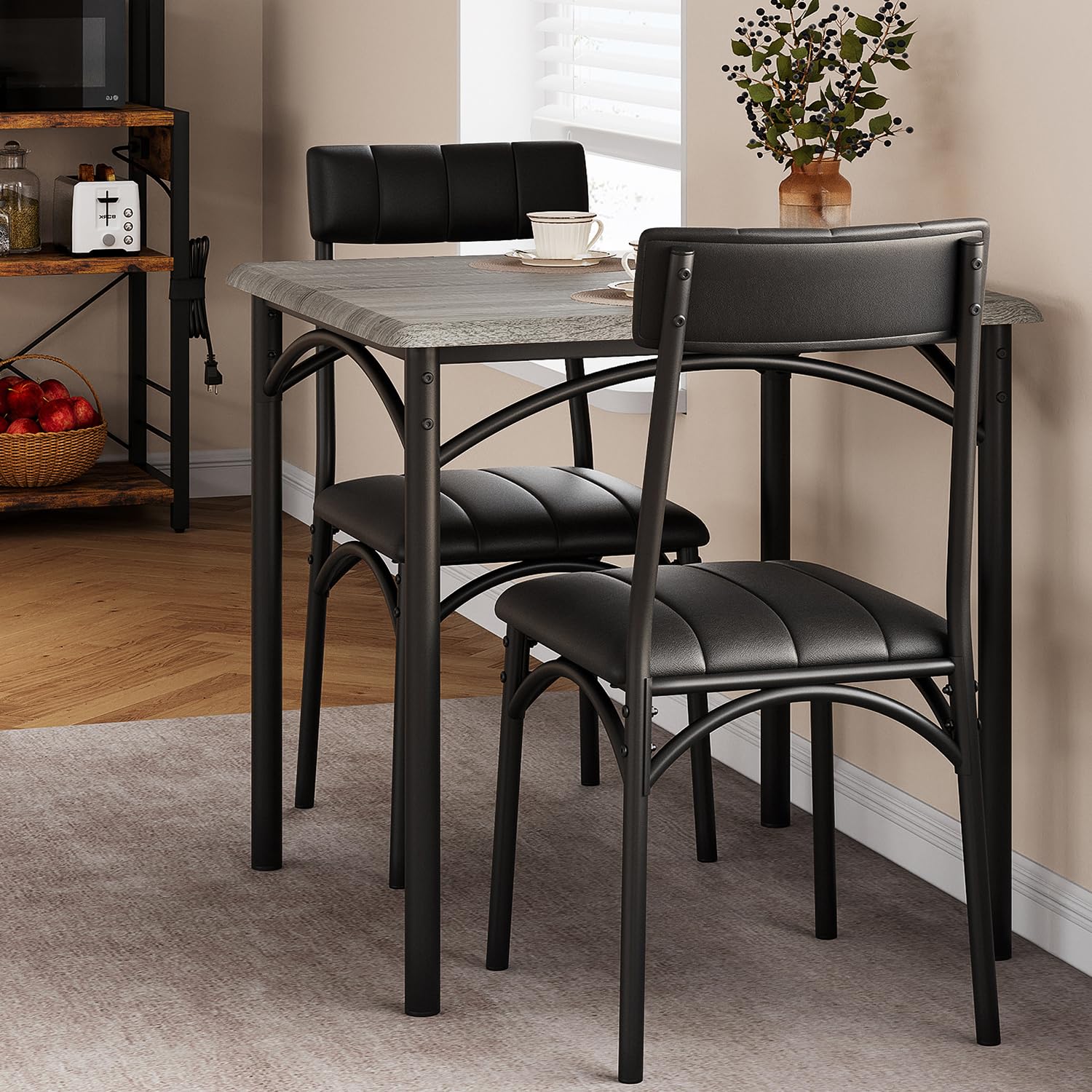 Fancihabor Dining Table Set for 2, Kitchen Table and Chairs, Square Dining Room Table Set with 2 Upholstered Chairs, 3 Piece Kitchen Table Set for Small Space, Apartment, Retro Gray