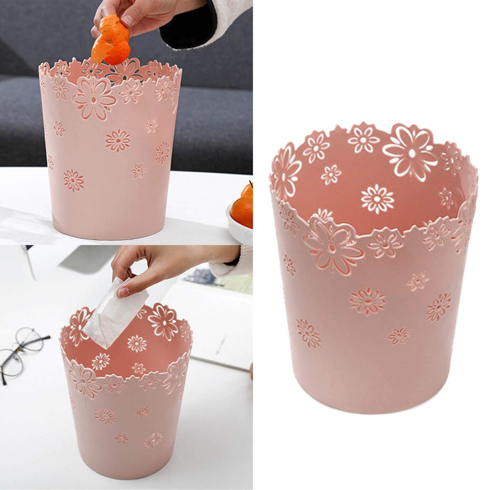 luezkyoig Mini Wastebasket 2L Beautiful Modern Pink Hollow Flower Lidless Desktop Trash Can Wastepaper Basket for Office Kitchen Bedroom Bedside Table Vanity Living Room Dining Table