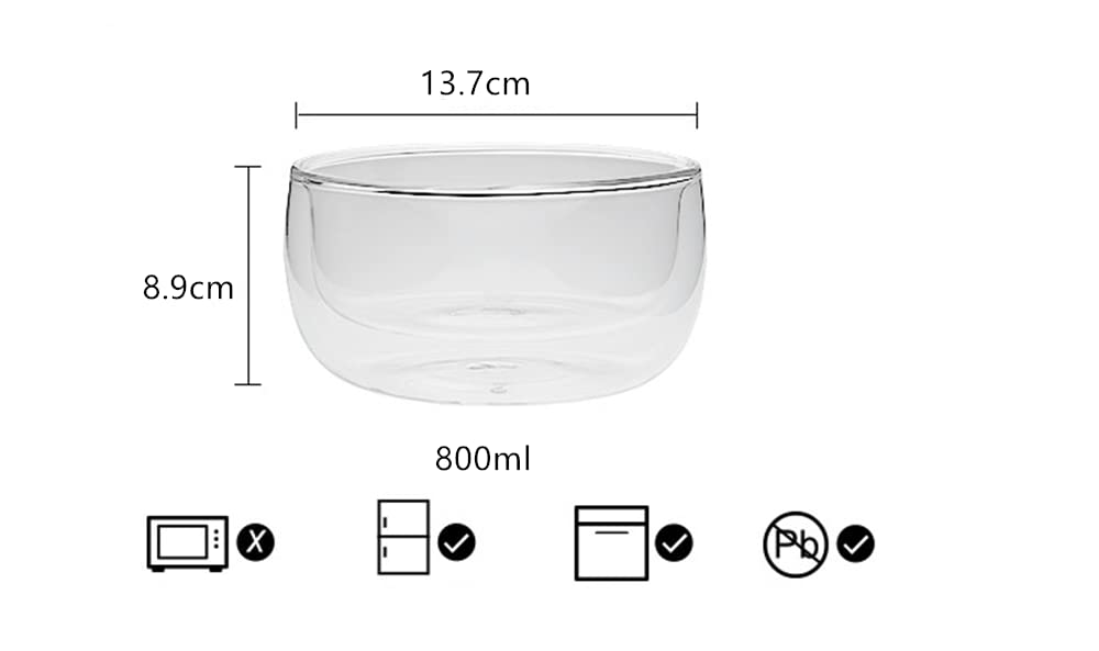 GracesDawn high temperature resistant double layer glass bowl borosilicate heat-resistant glass tableware transparent fruit salad bowl (800ml（27OZ）)