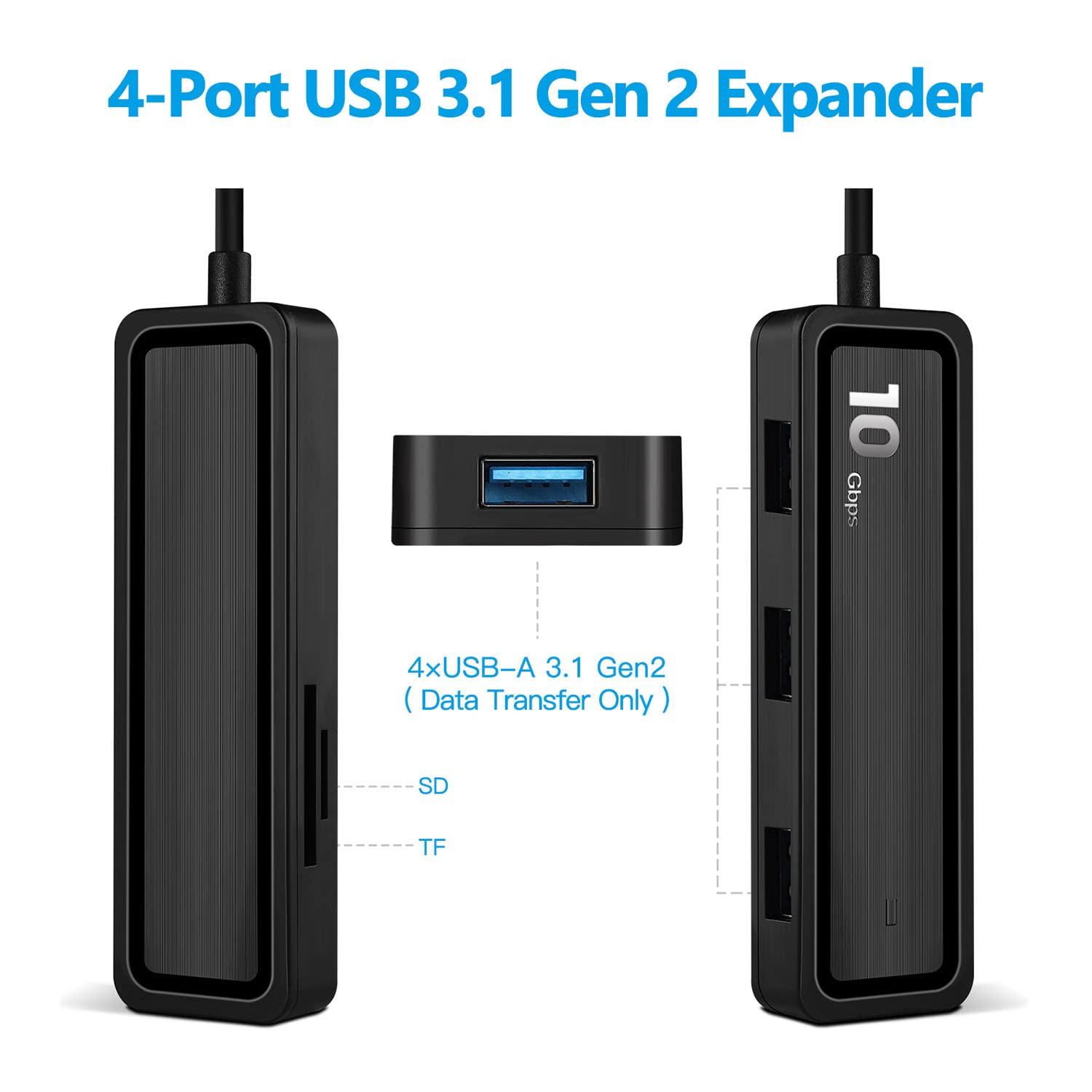 Jteyult 10 Gdps 6 in 1 USB HUB Adapter Type-C to 4X USB 3.2 Gen 2 10Gbps SuperSpeed USB C to USB Hub SD 2.0 TF 2.0