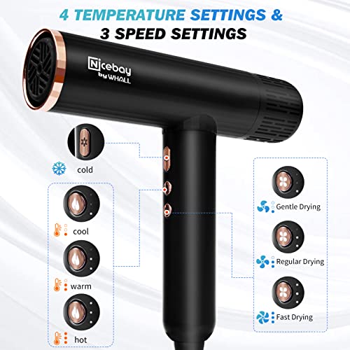Nicebay Ionic Hair Dryer, Professional Blow Dryer with 3 Attachments, 110000RPM High-Speed Brushless Motor for Fast Drying, Lightweight, Low Noise, 1600W Hairdryer with Diffuser
