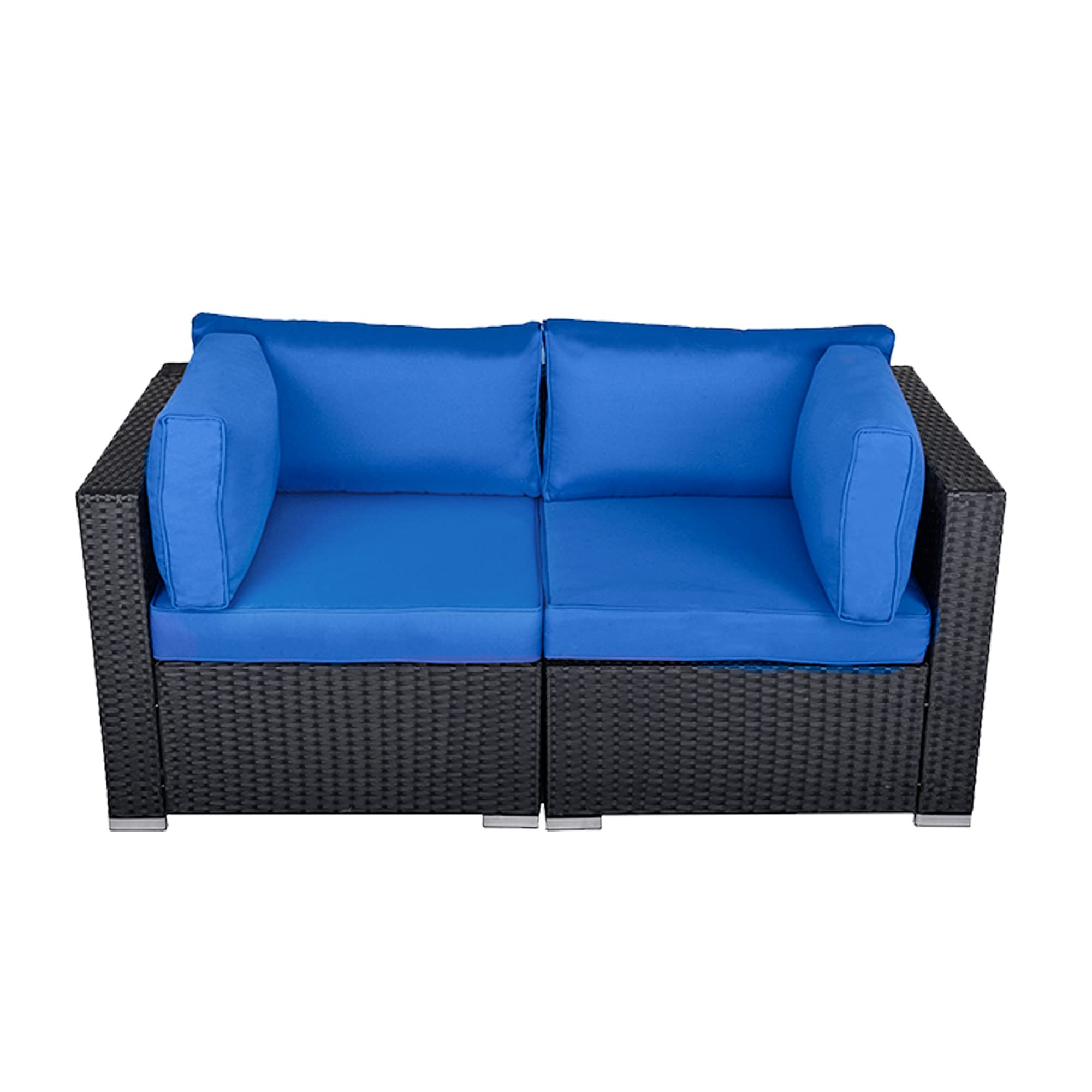 SUNVIVI OUTDOOR Patio Loveseat, 2 Piece Wicker Outdoor Sectional Couch with Removable Navy Blue Cushions, Extra Sofa Furniture