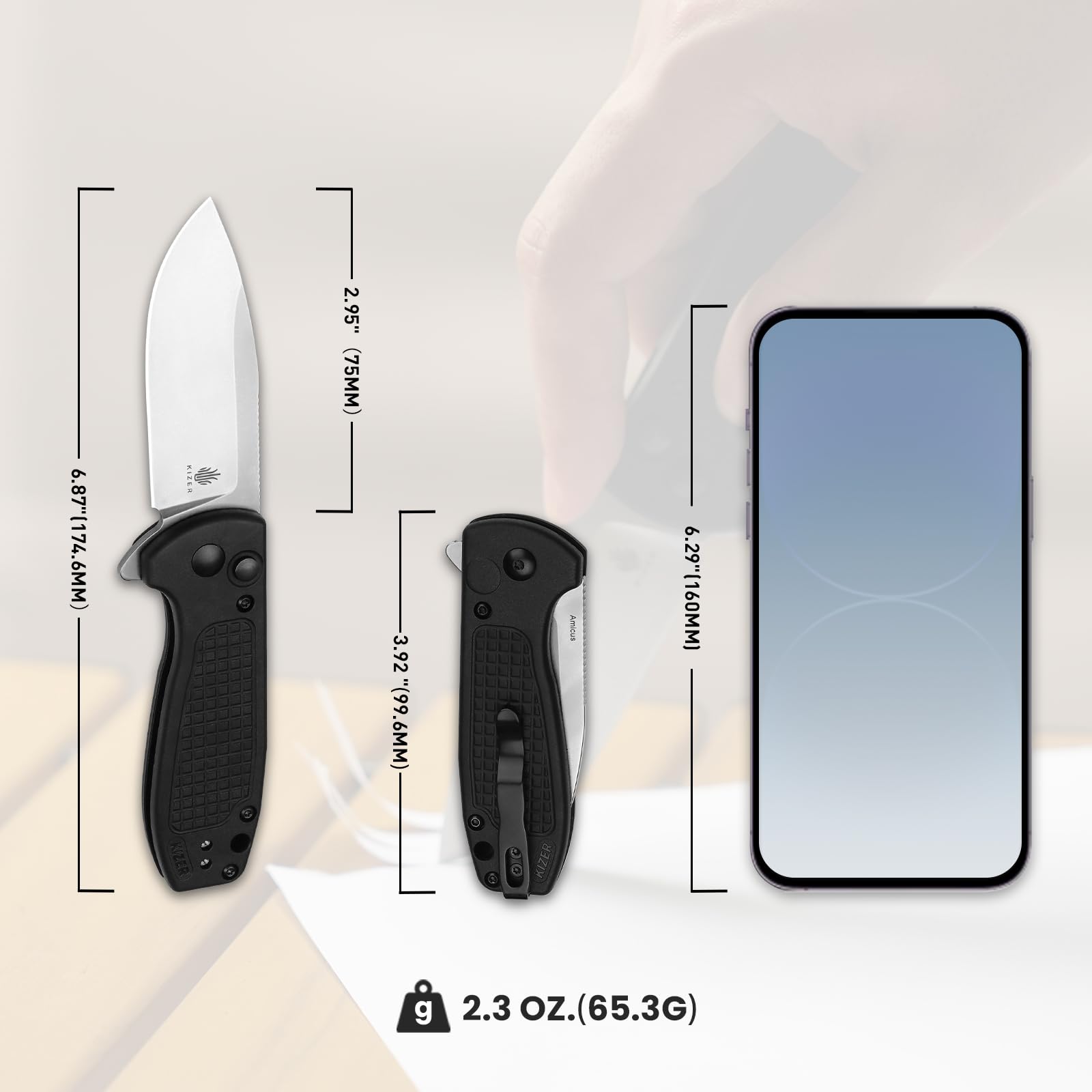 Kizer Amicus Pocket Knife, 2.95β Satin Nitro V Steel Blade EDC Knife, FRN Handle Camping Folding Knife with Reversible Deep Carry Clip, Cool Knife for Men Women Gift L3002M4