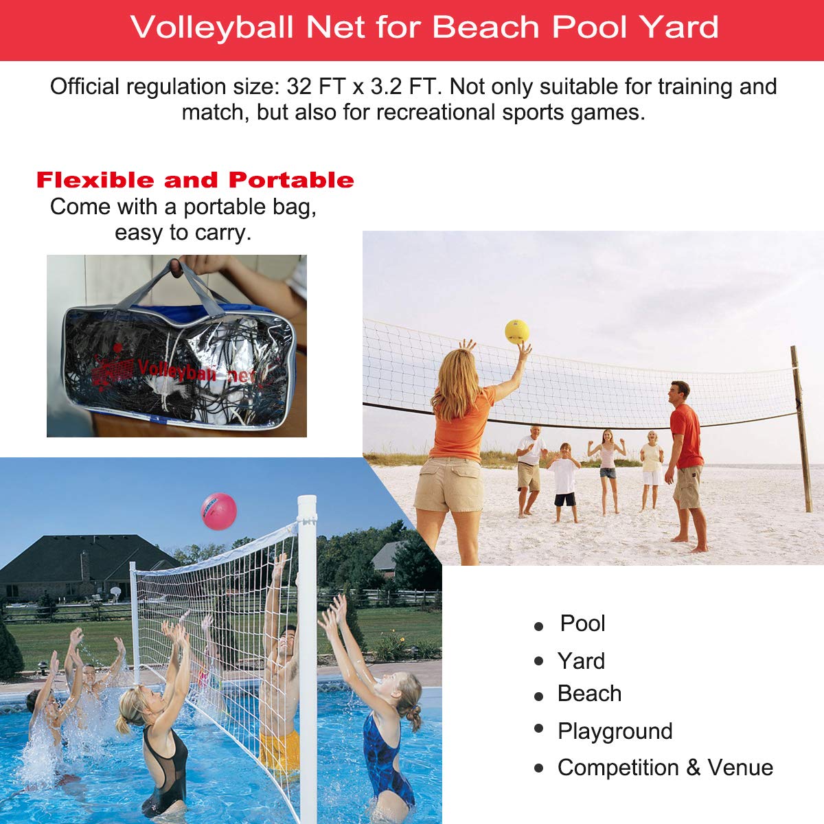 GeWeDen Volleyball Net,Classic Pool Sand Volleyball Net Replacement Netting System Standard Size (32 FT x 3 FT) Poles Not Included