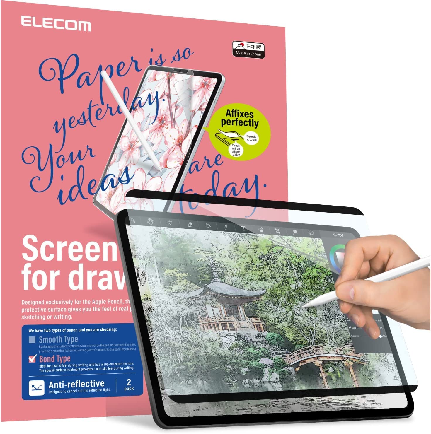 ELECOM Detachable Pencil Feel Screen Protector -Nano Suction Finish-, Bond Type, iPad 7 8 (10.2", 2020,2019) Drawing/Notetaking/Anti-Glare(TB-APBNS102-W)