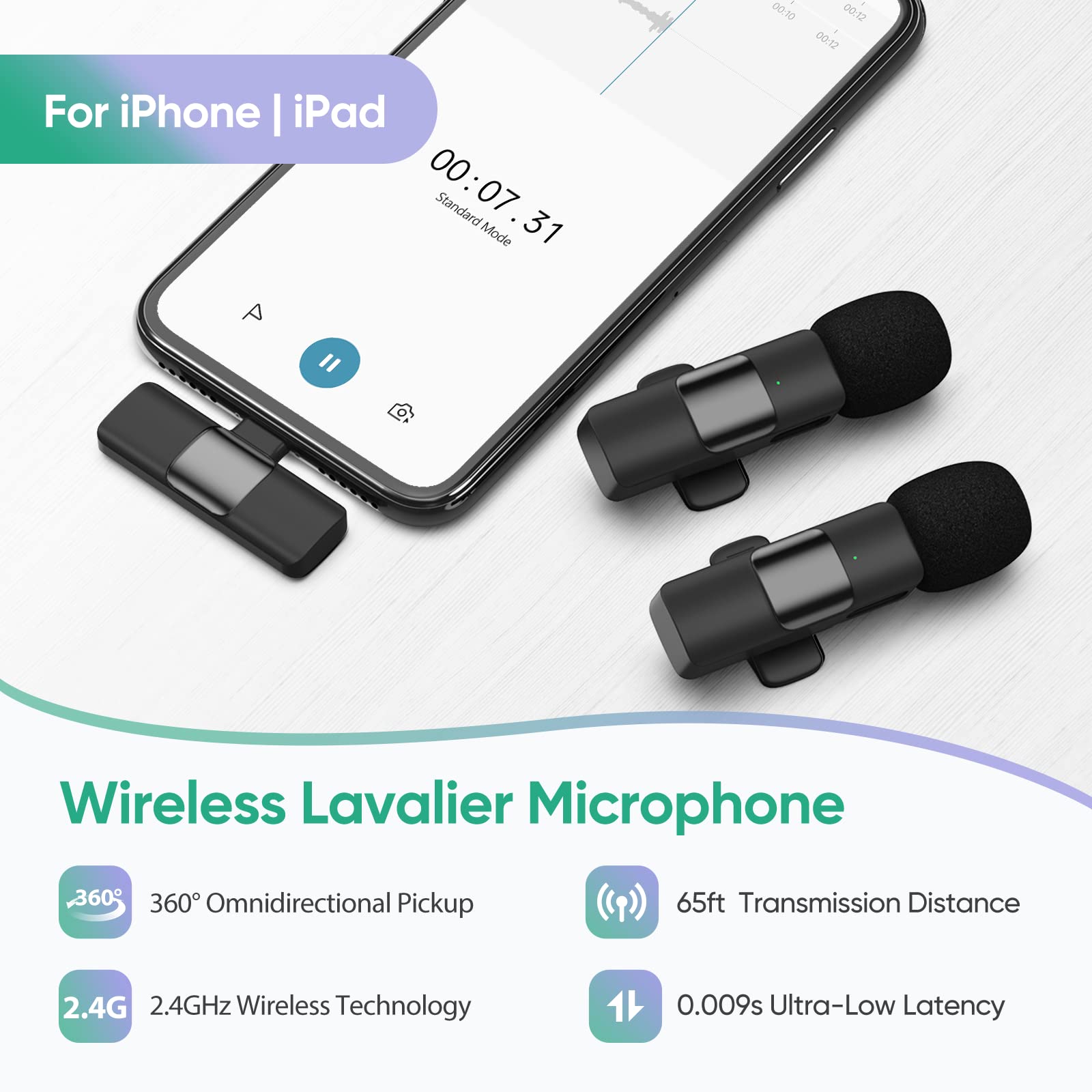 JULAKE Wireless Lavalier Microphone for iPhone and iPad, Professional Lapel Microphone with 2 Clip on Mics and Receiver – Noise Reducing iPhone Mic for Video Recording, Vlogging, YouTube
