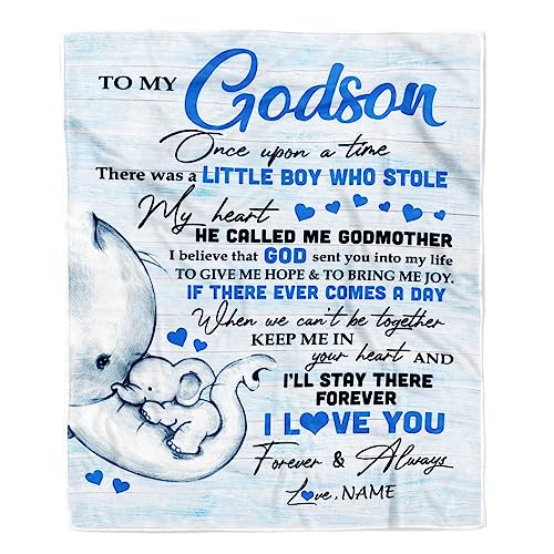 TeesNow Personalized to My Godson Elephant Blanket from Godmother I'll Stay There Forever Godson Birthday Christmas Customized Bed Quilt Fleece Throw Blanket (30 x 40'' - Baby Size) 1068