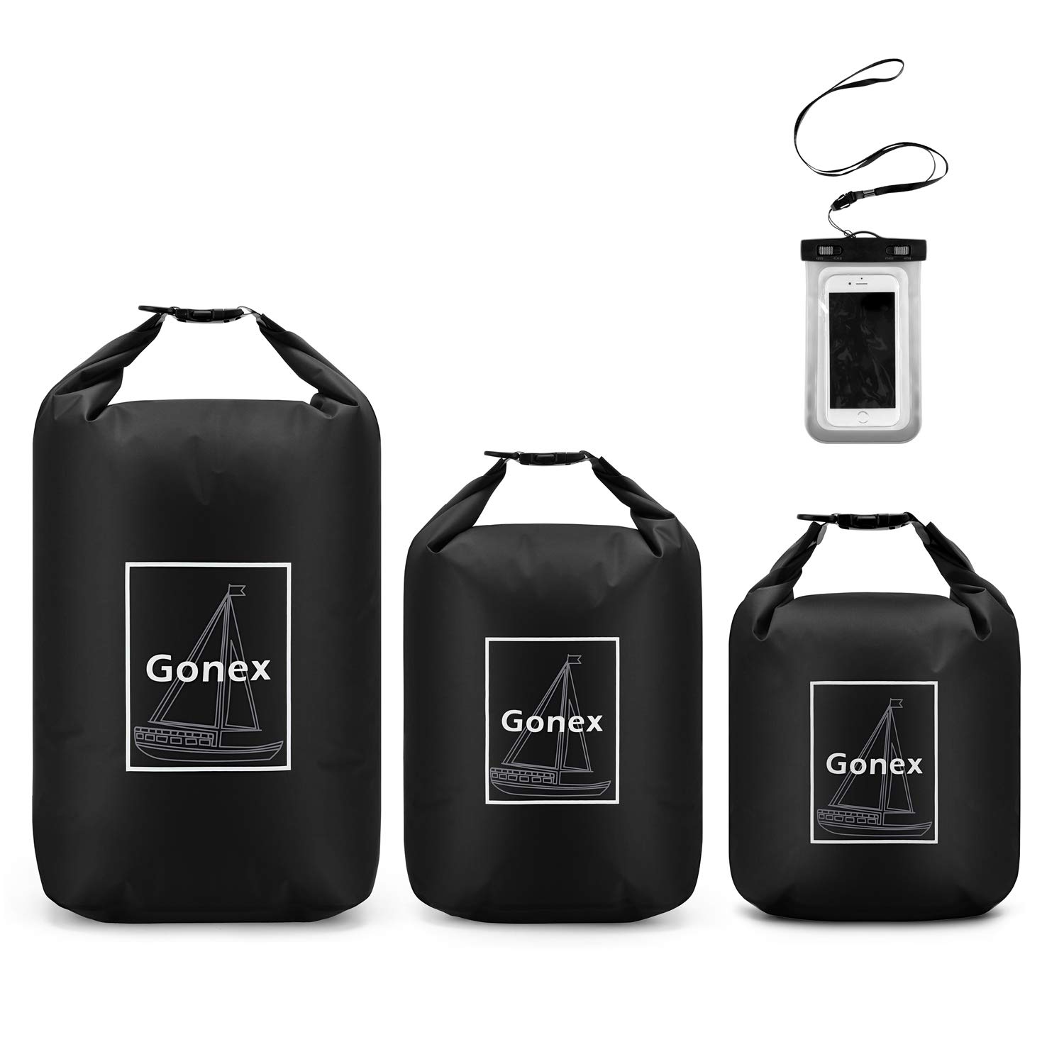 Gonex 4L+8L+12L Waterproof Dry Bag Floating Roll-Top Compression Dry Sack Stuff Sack Storage Bags for Kayaking Boating Canoeing Swimming Water Sports with a Phone Pouch & Shoulder Strap Black