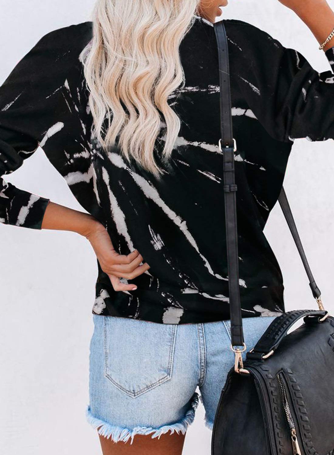 EVALESS Women Tie Dye Sweatshirt Off Shoulder Shirt Long Sleeve Pullover Tops Black S