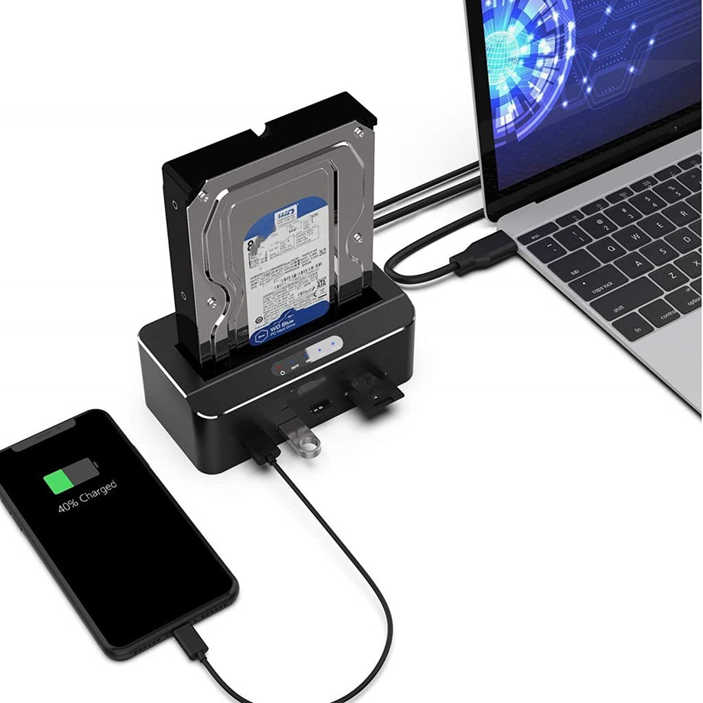 KJHD External 2.5"/3.5" USB 3.0 5Gbps SATA Hard Drive Docking Station HDD SSD Box 2 x USB 3.0 Hub TF/SD Card Reader Support UASP