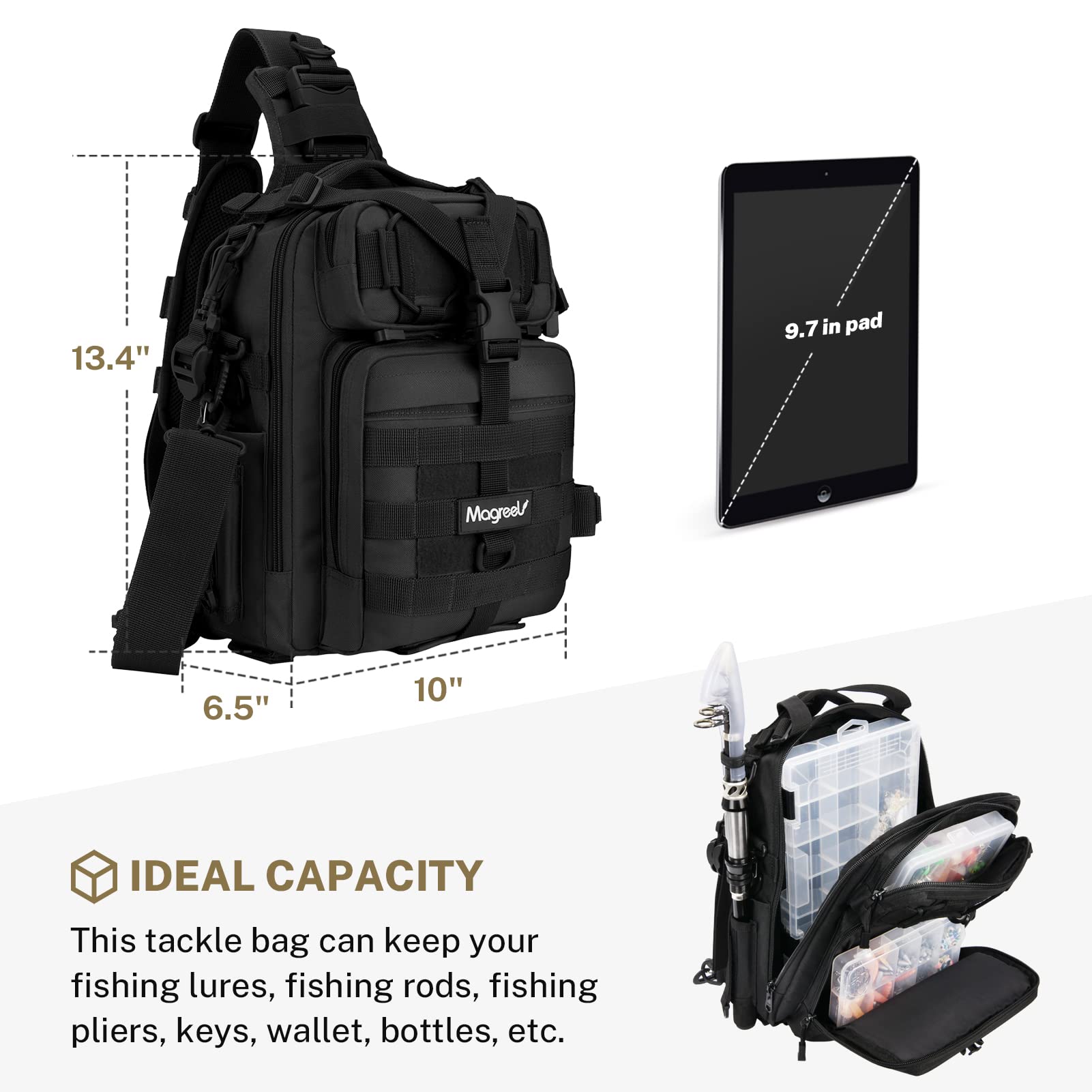 Gonex Fishing Tackle Bag with 1x 3600 Tackle Box, Water-Resistant Fishing Backpack with Removable Shoulder Strap, Outdoor Shoulder Backpack Tackle Bag with Rod Holder