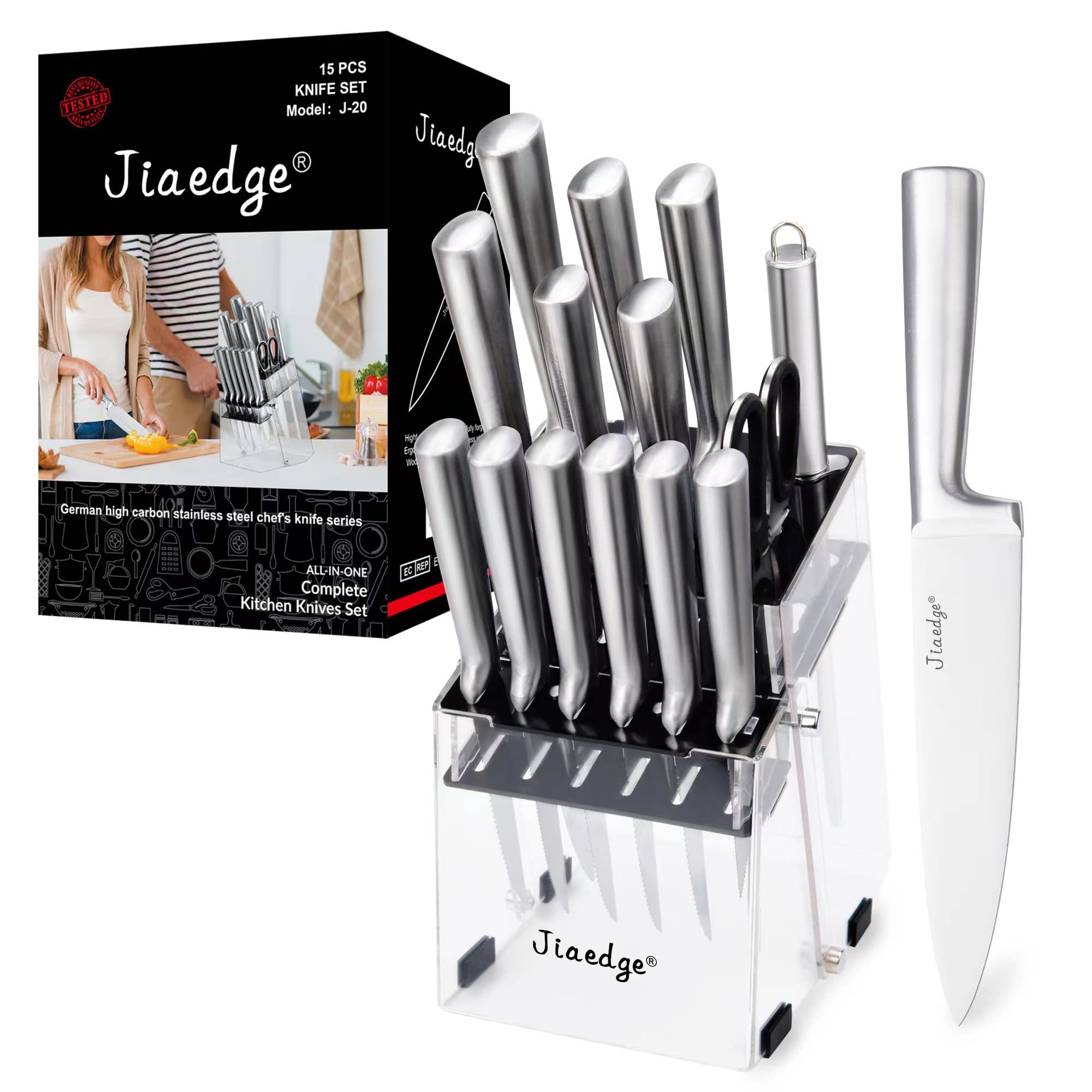 Knife Set, Jiaedae 15 Pieces Stainless Steel Knife Block Set with Acrylic Stand, Knife Sets for Kitchen with Block, Knife Set with Clear Block, Dishwasher Safe, Silver
