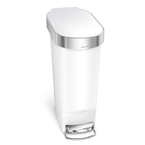simplehuman 40 Liter / 10.6 Gallon Slim Kitchen Step Trash Can with Liner Rim, 40L, White