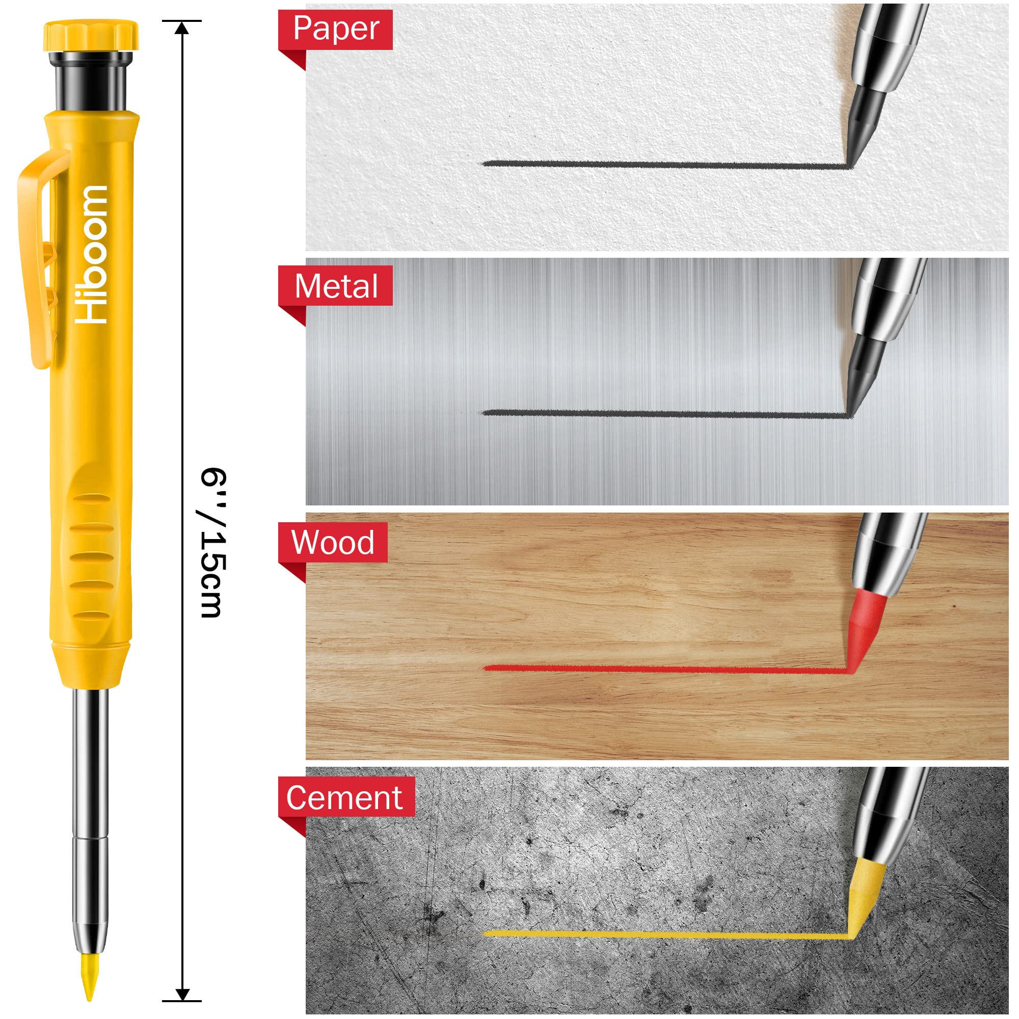 Hiboom 4 Pcs Mechanical Carpenter Pencils with 28 Pcs Refills, Deep Hole Marker Set Built in Sharpener, Woodworking Scribe Tools for Construction Drafting Architect (Black, Green, Red, Yellow)