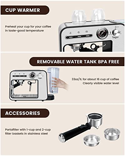 Teglu Espresso Machine 20 Bar with Milk Frother, Semi-Automatic Latte & Cappuccino Coffee Maker Duo-cup 33oz/1L Removable Water Tank for Home/Office, 1450W, Stainless Steel
