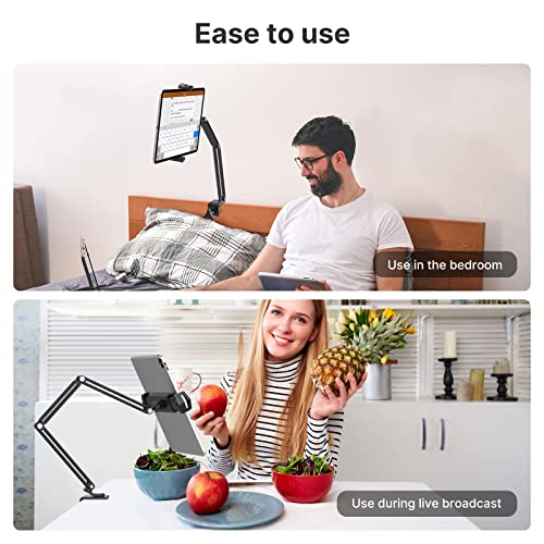 VIJIM iPad Tablet Holder for Bed or Desk, Black Metal Adjustable iPad Arm Mount Stand, Overhead Compatible for iPad Air Pro Mini, Surface Pro Stand, iPhone, Android Tablet
