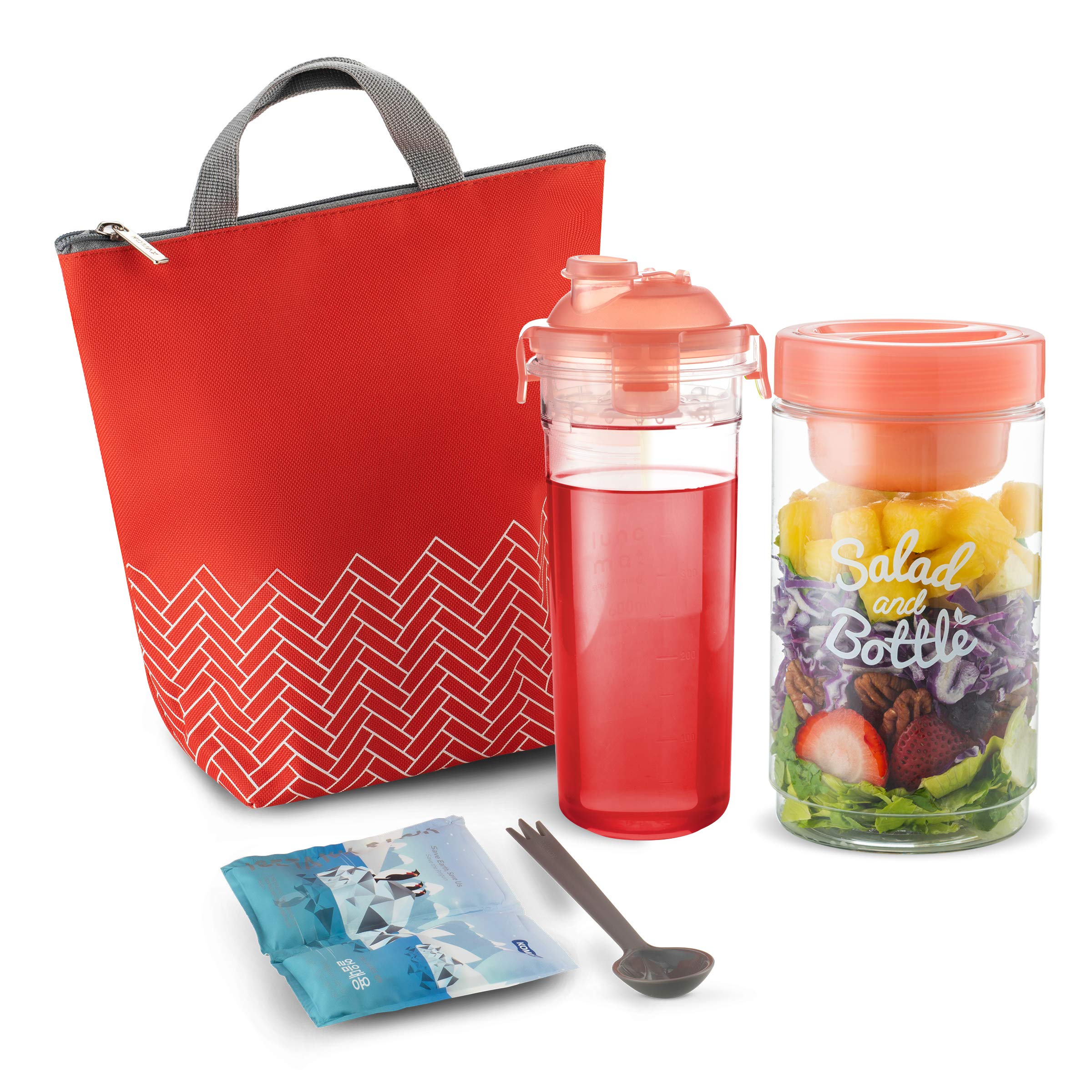 Komax Lunchmate Insulated Lunch Bag Set β Thermal Lunch Box for Women + Salad Container for Lunch + Fruit Infuser Water Bottle + Spoon & Fork + Ice Packs for Lunch Bag (Red)