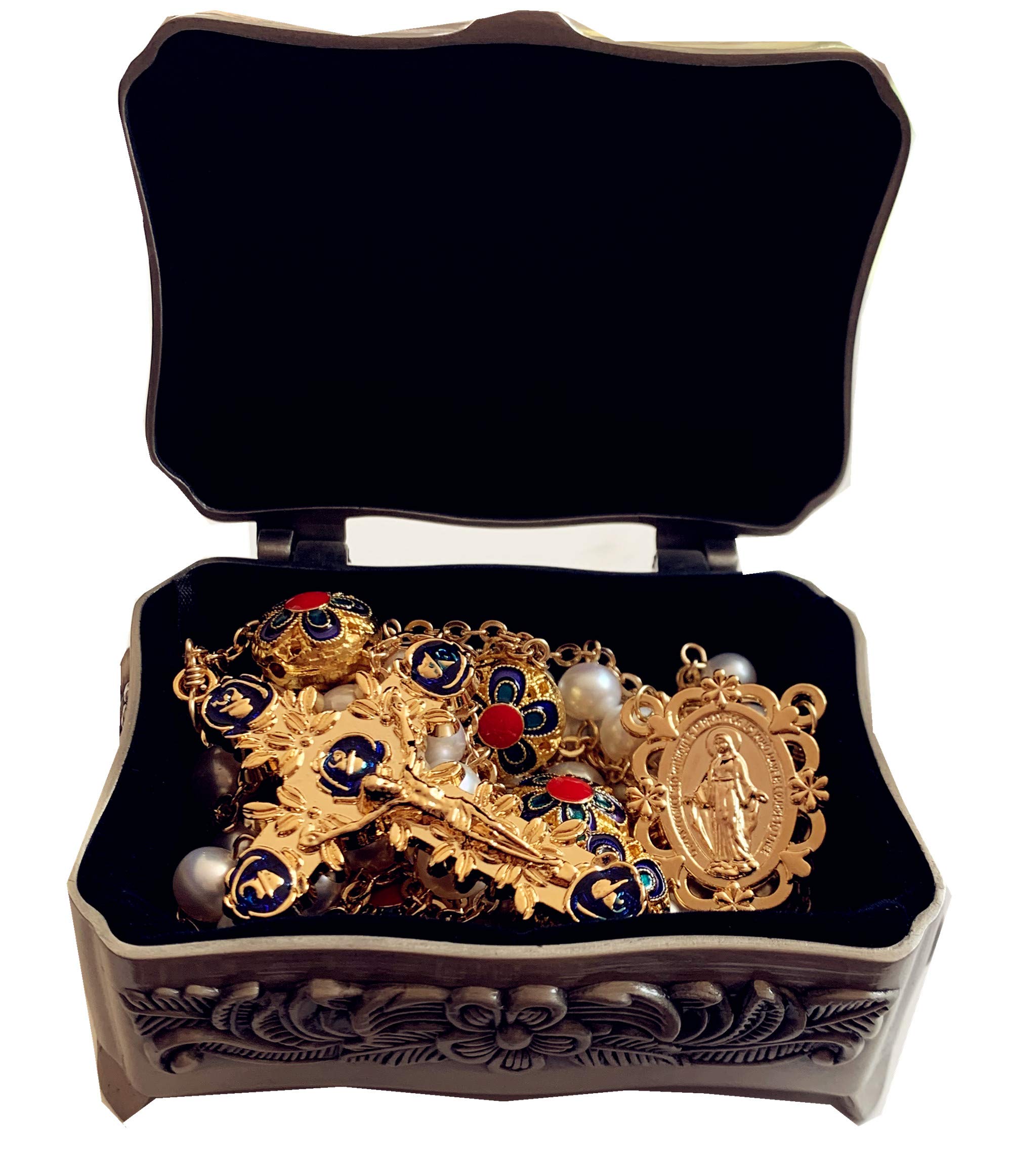 elegantmedical handmade 18KGold-plated Ladder to Heaven pearl & Enamel Beads Catholic Rosary crucifix Necklace box