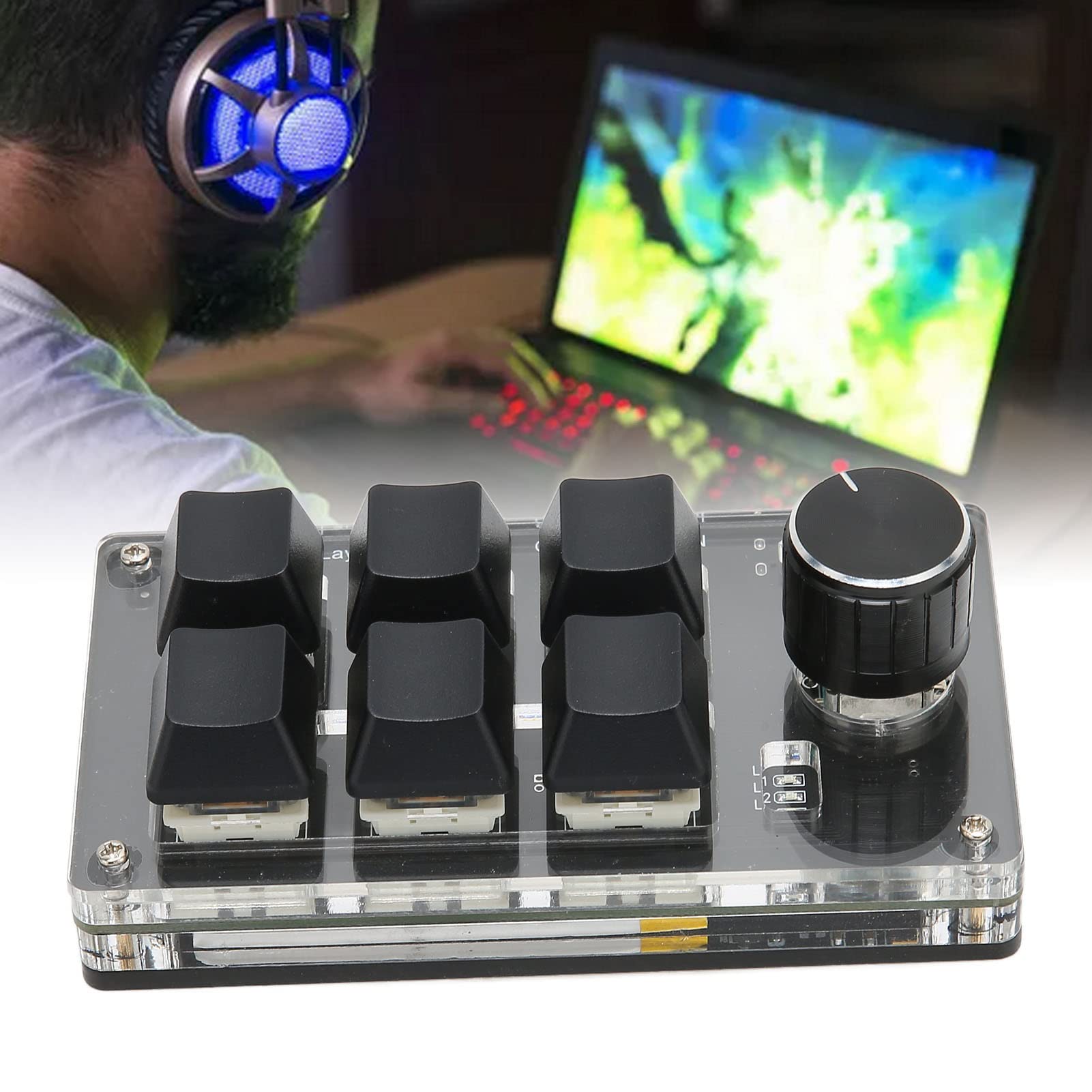 Heayzoki 6 Keys Programmable Keypad, Mini Macro Pad Mechanical Gaming OSU Keypad 1 Knob USB Bluetooth Dual Mode Programming Keypad DIY Keyboard for Gaming, Media,Control, Built in