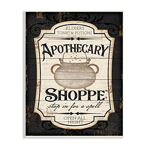 Stupell Industries Apothecary Shoppe Spooky Halloween Sign Witch Potion Cauldron, Designed by Jennifer Pugh Wall Plaque, 10 x 15, Black