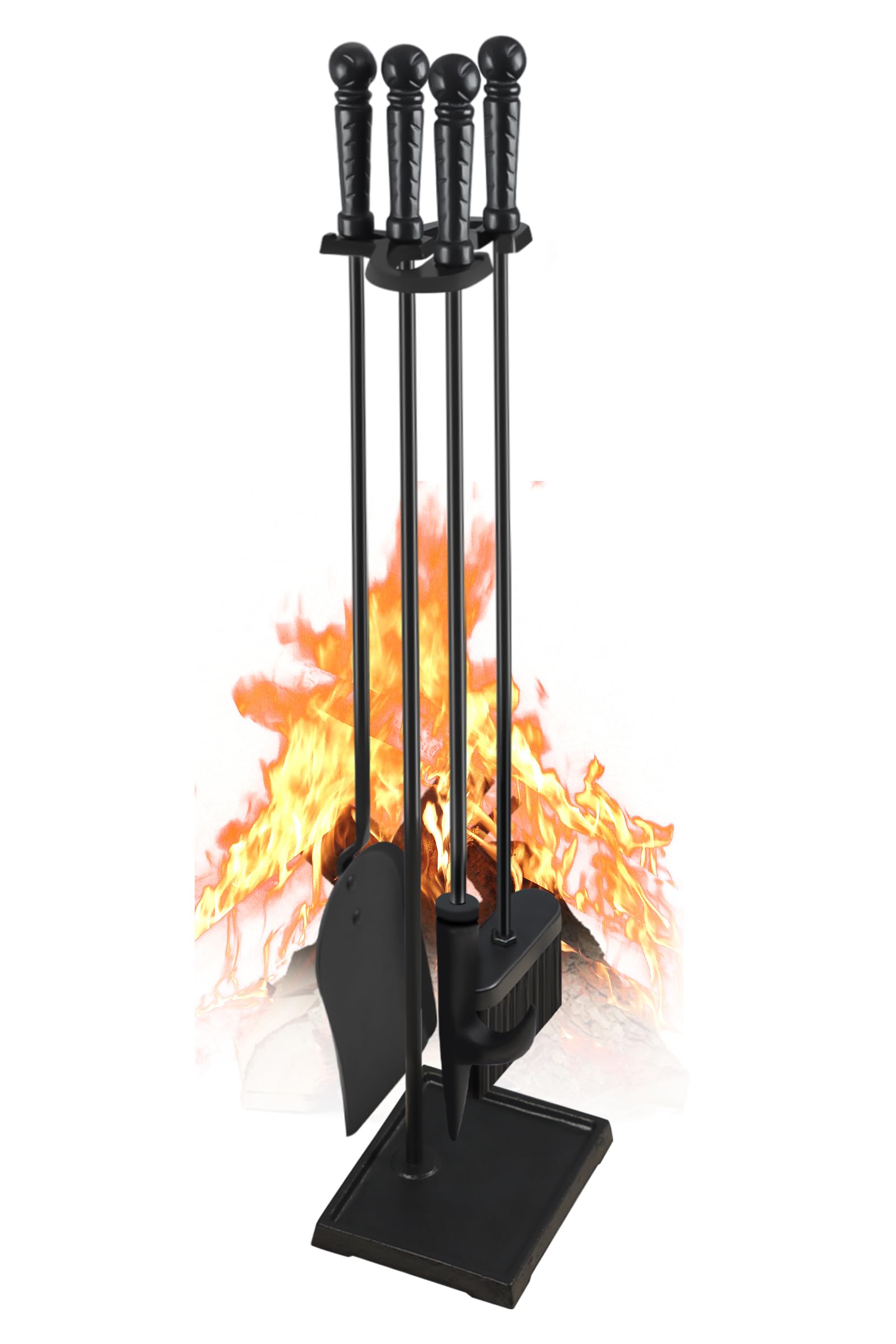 FEED GARDEN Fireplace Tools Set Modern Indoor Outdoor Wrought Iron Fireplace Accessories Set Included Poker, Shovel, Brush, Base