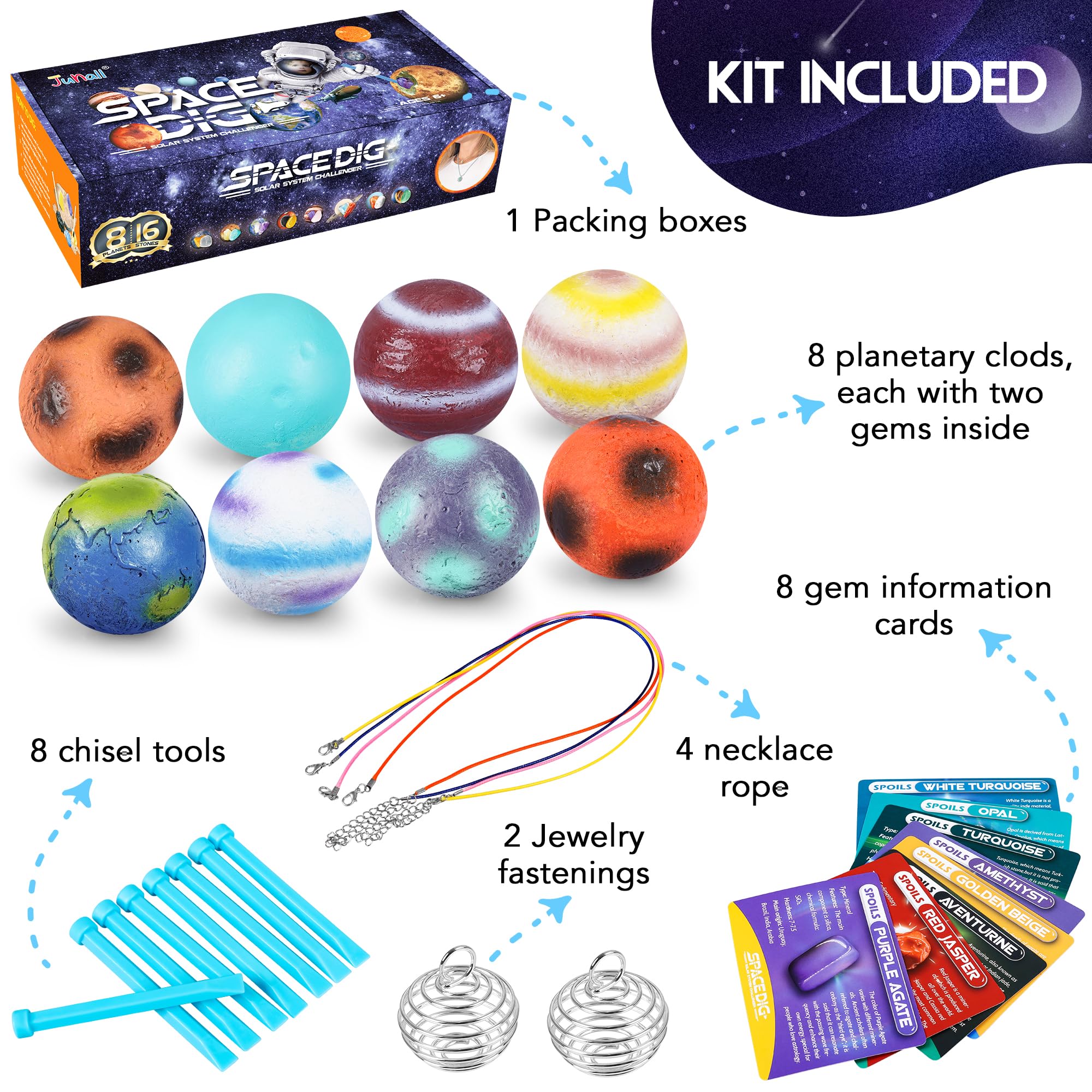 Junall Gemstone Dig Kit, Easter Egg Space Toys for Kids, Dig up 8 Planets Find 16 Gems & Explore Solar System, Science STEM Activities - Educational Gifts for Boys Girls Age 5 6 7 8 10+Year Old