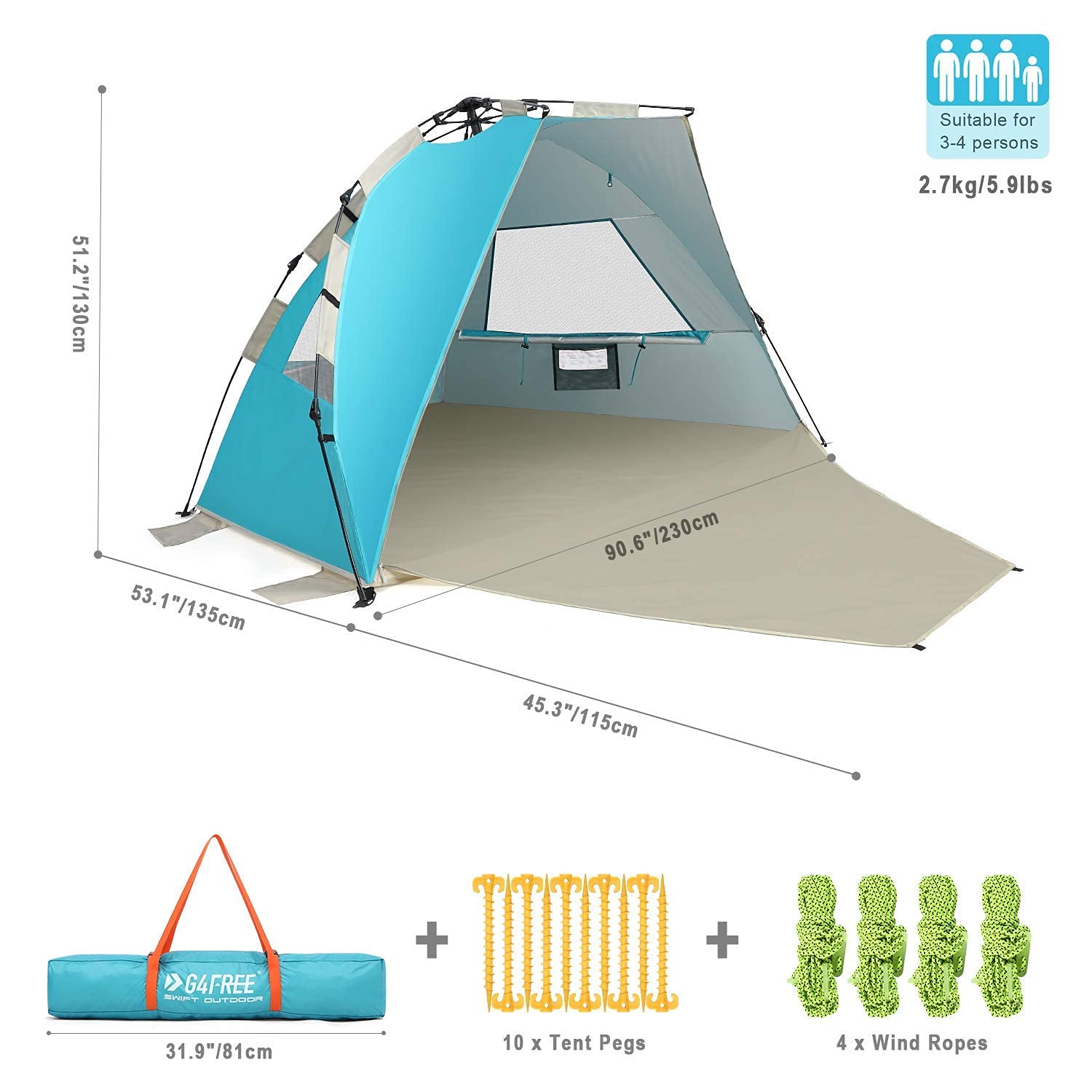 G4Free 3-4 Person Beach Tent Pop Up Shade, Lightweight UPF 50+ Beach Sun Shelter Family Size, Easy Setup and Portable Sun Shade Canopy Cabana(Lake-Blue)