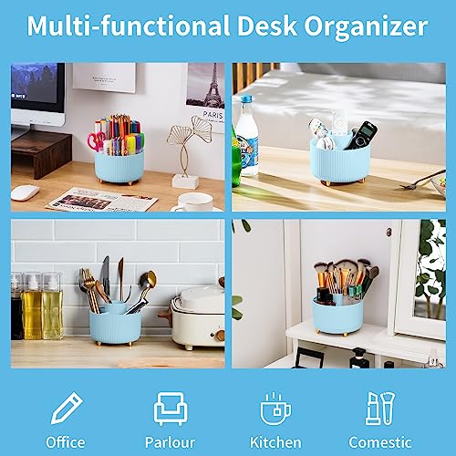 Marbrasse Desk Organizer, 360-Degree Rotating Pen Holder for Desk, Desk Organizers and Accessories with 5 Compartments Pencil Organizer, Art Supply Storage Box Caddy for Office, Home (Light Blue)