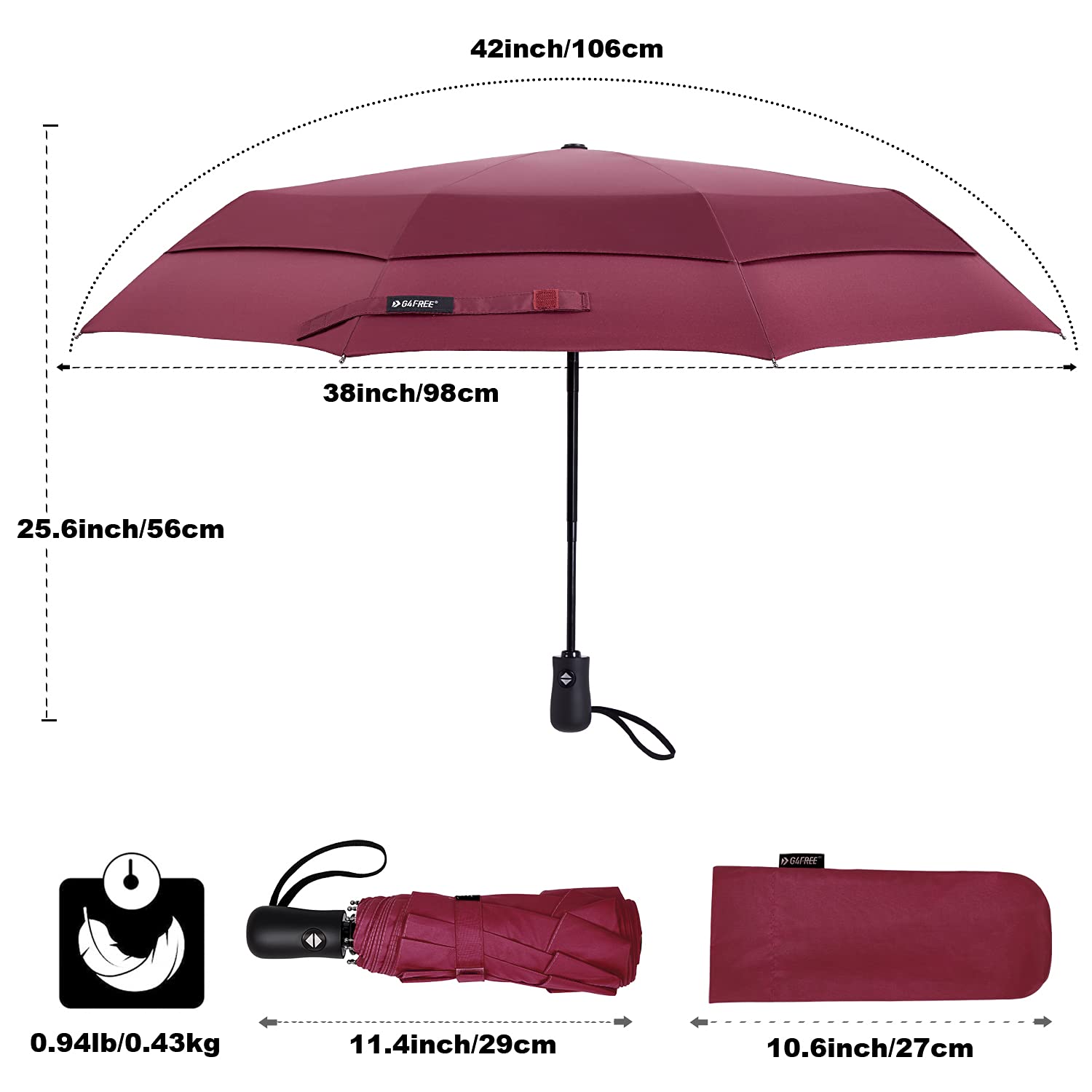 G4Free 42 Inch Compact Travel Umbrella, Windproof Small Folding Backpack Umbrella for Rain, Auto Open and Close Button(Sapphire)