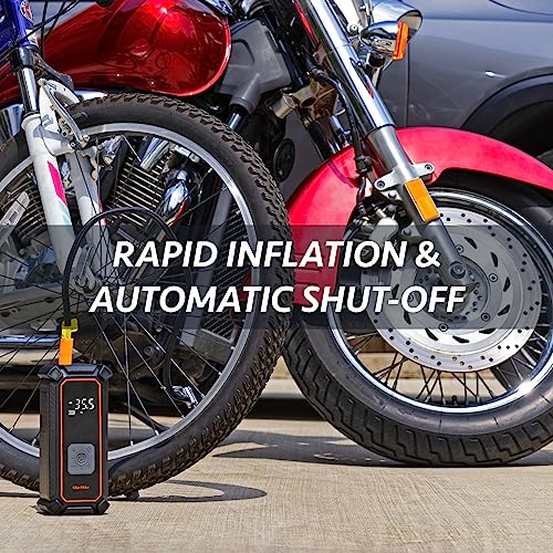 OlarHike Portable Tire Inflator - Air Compressor for Car Tires with Automatic Shutoff - 120 psi Digital Pressure Gauge and Emergency LED Light - Cordless and Compact Automotive Pump - Black and Orange