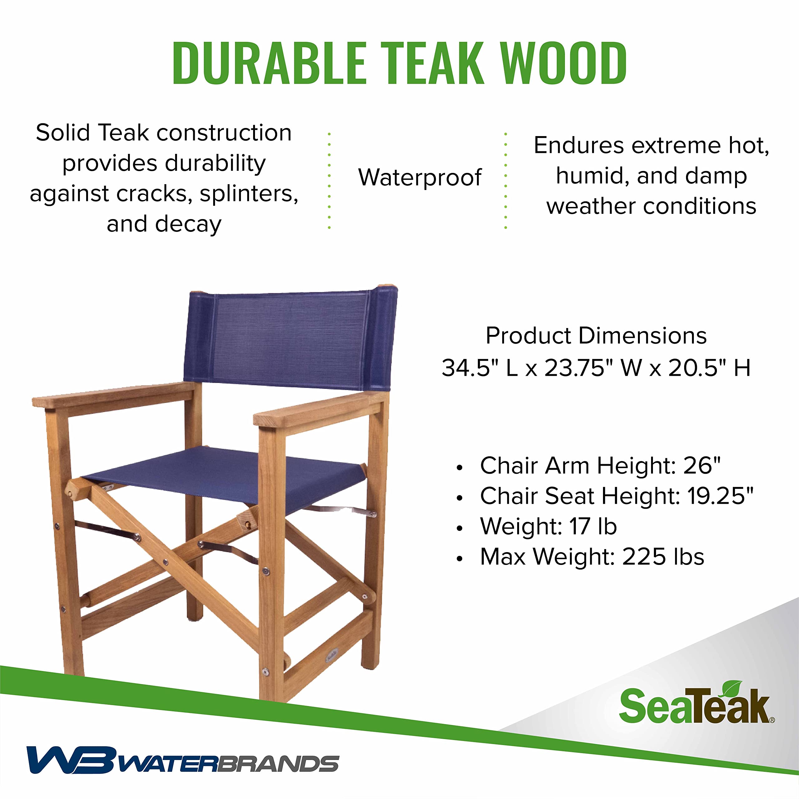 SeaTeak Director's Chair | with DURASLING Fabric Seat Cover | Foldable Directorâs Chair | Blue | 34.5" L x 23.75" W x 20.5" H