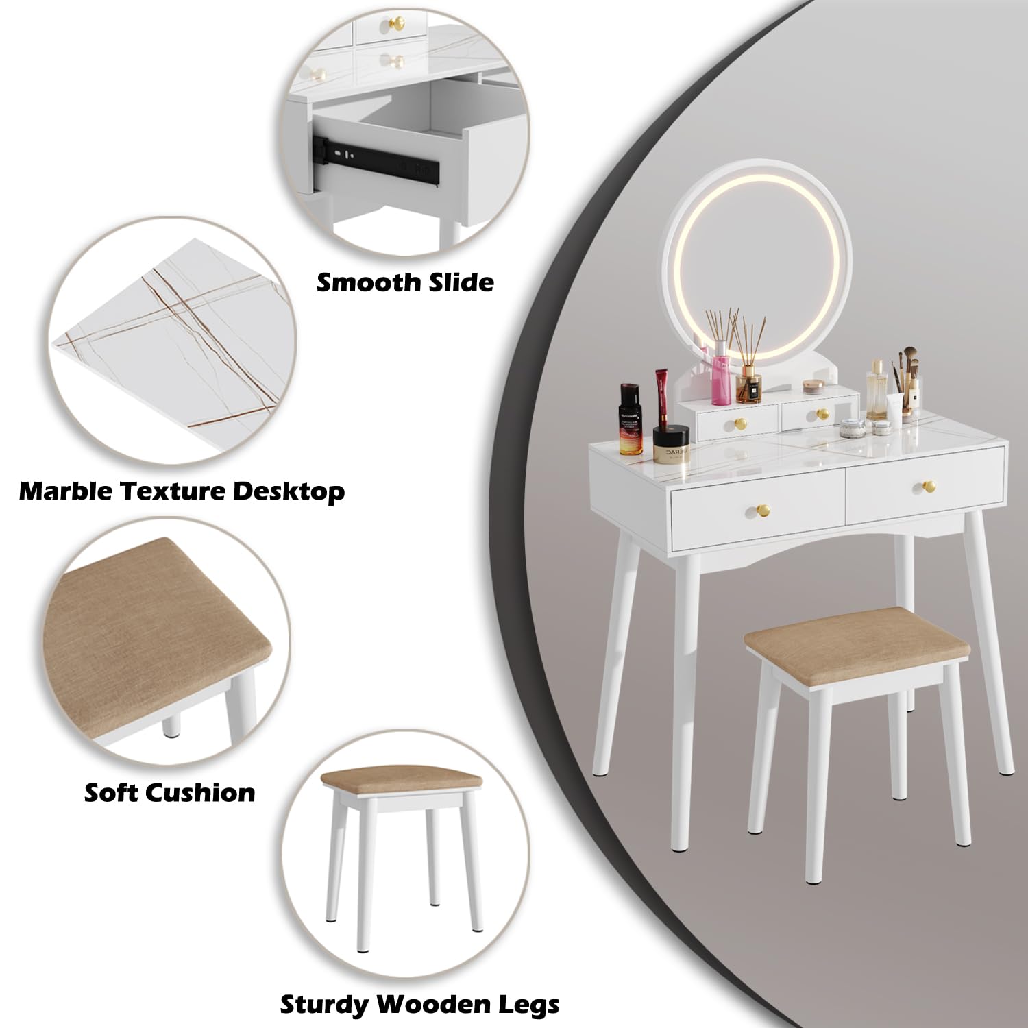 JUMMICO Makeup Vanity Desk with Round Mirror and Lights, Vanity Table Makeup Desk 4 Storage Drawers 3 Adjustable Colors LED Lights Matched Soft Cushioned Stool for Girls Bedroom (White) β¦