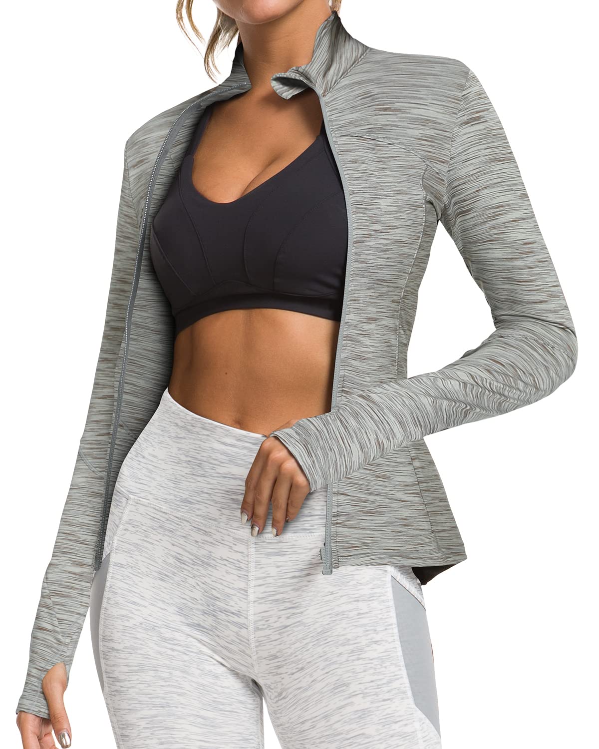 GYM RAINBOW Workout Jackets for Women, Full Zip Slim Fit Lightweight Athletic Running Sports Track Jacket with Pockets(2-Brown Space Dye,Medium)