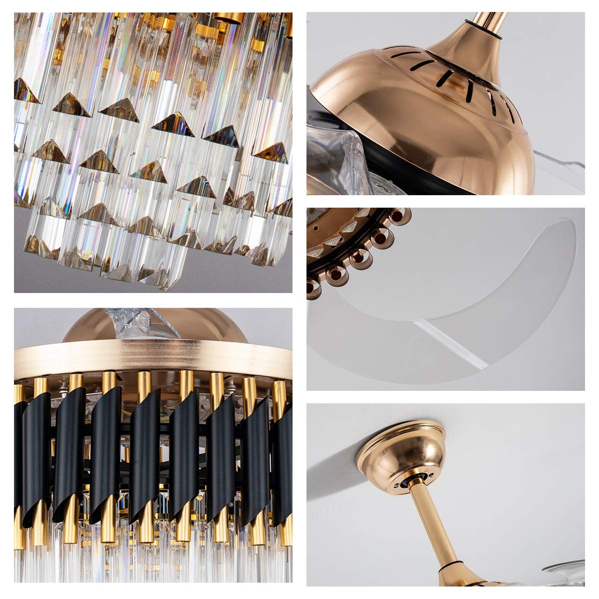 Fandian 42" Crystal Ceiling Fan with Light Remote Control Chandelier Retractable Fandelier, Luxury 3 Color Lighting for Dining Room, Living Room