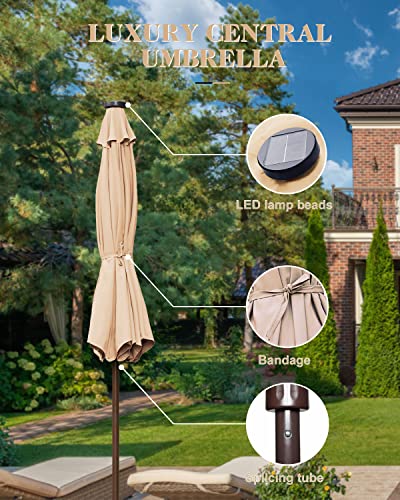 Zersun 9FT Patio Umbrella, Solar Powered LED Umbrellas with 32 LED Lights 8 Ribs/Tilt Adjustment and Crank Lift System for Garden, Backyard and Pool - Tan