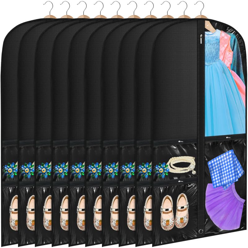 Paterr 10 Pcs 50 Inch Transparent Dance Costume Garment Bag Plastic Dance Garment Cover with Zippered Pocket Clothes Protectors for Hanging Clothes Dance Costume Organizer for Travel Storage(Black)