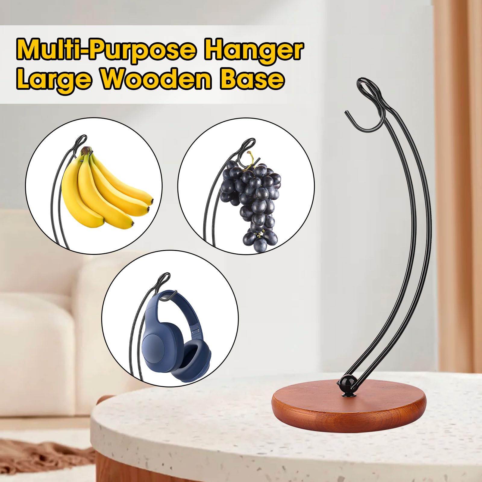 HOMKULA Banana Holder Stand - Fruit Bowl, Modern Banana Hanger, Banana Tree Hanger with Bold Stainless Steel & Thickened Wood Base, Banana Rack for Kitchen Counter (Black V2)