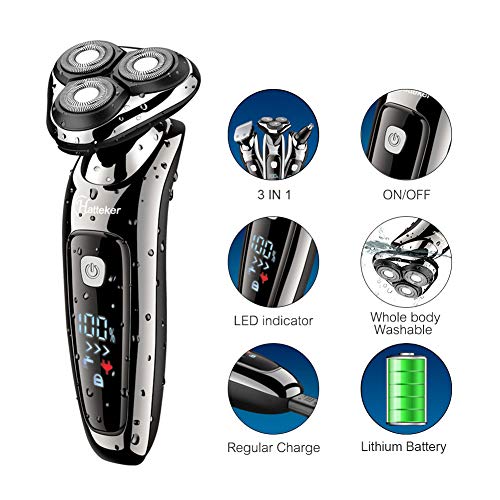 HATTEKER Mens Electric Shaver Razor Beard Trimmer Rotary Shaver Cordless Sideburn Trimmer Nose Trimmer Wet Dry Shaver Waterproof USB Rechargeable 3 in 1