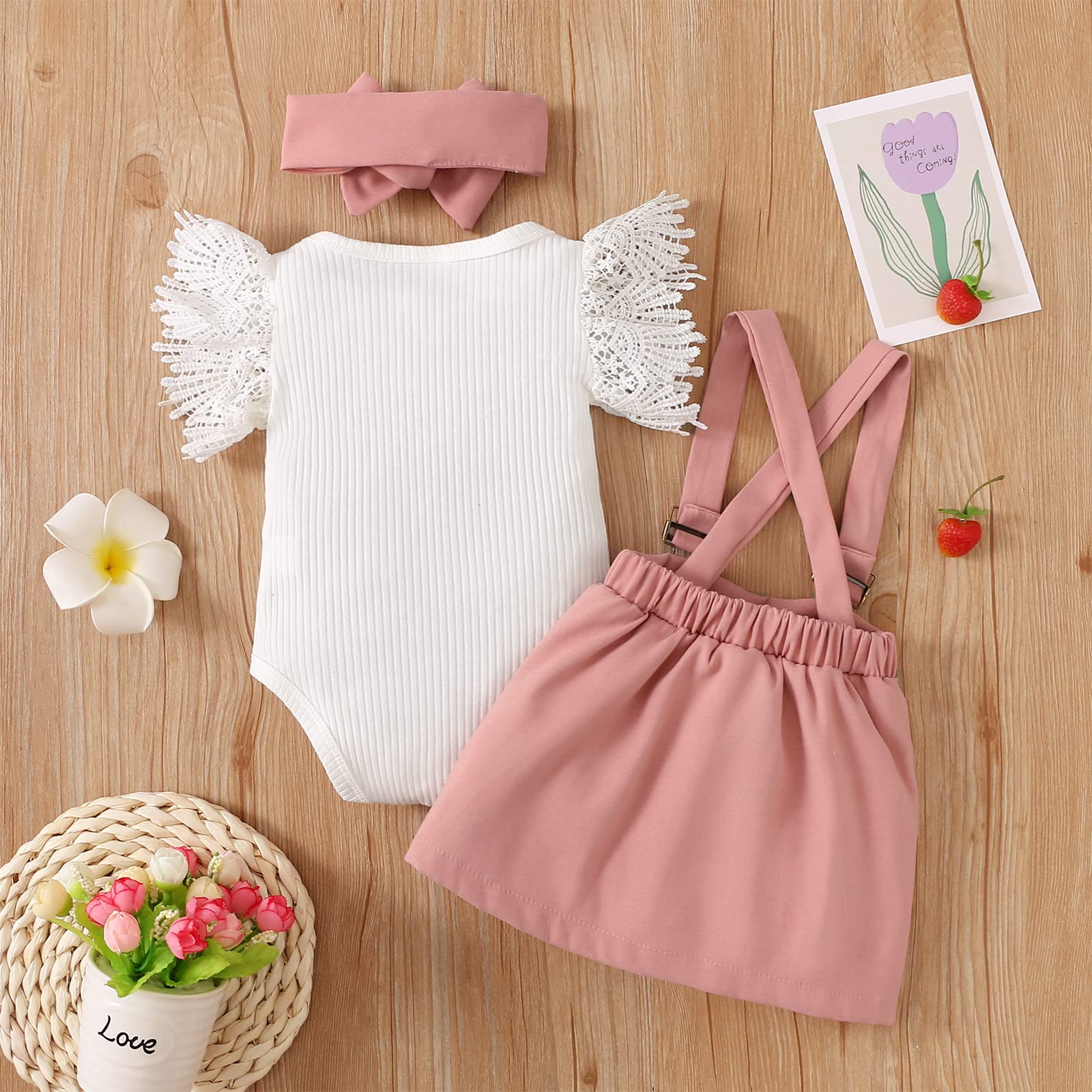 Voonlie Baby Girl Clothes Outftts Ruffle Short Sleeve Ribbed Romper+Suspender Skirt + Headband Summer Clothing Set
