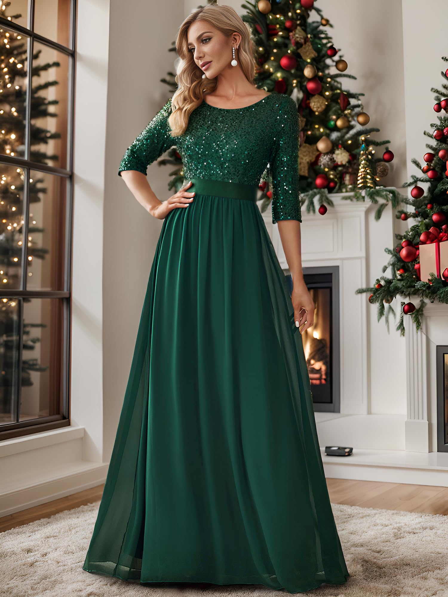 Ever-Pretty Women's Elegant A Line Crew Neck Half Sleeve Sequin Maxi Evening Dress Dark Green US14