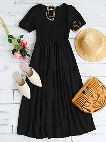 ZESICA Women's 2023 Casual Summer Crew Neck Short Puff Sleeve Smocked High Waist Ruffle Tiered A Line Midi Dress,Black,Medium