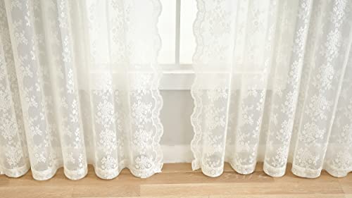 YJ YANJUN Sheer Lace Curtains for Bedroom Ivory Elegant Victorian Curtains Scalloped Edges Floral Kitchen Window Curtains 63 Inch Length Rod Pocket, 52 x 63 Inch, Ivory