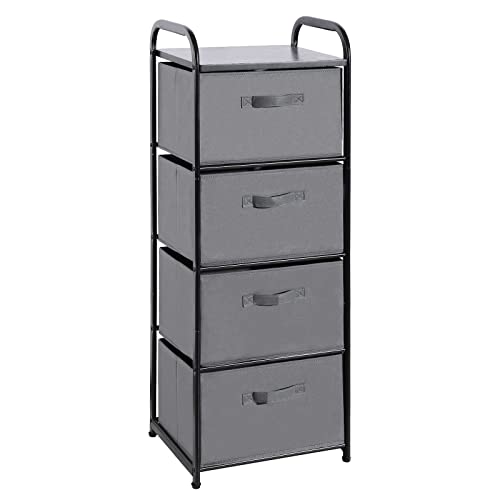 MAX Houser 4 Drawer Fabric Dresser Tall Storage Tower, Dresser Chest with Wood Top, Vertical Nightstand Side Organizer Unit with Metal Frame for Closets Bedroom Nursery Room Hallway(Leaden)