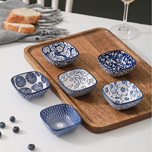 Selamica Ceramic 2.6 OZ Square Dipping Bowl Set, Soy Sauce Dish 3 inch Small Bowls for Ketchup Condiments Side Dish BBQ, Ramekins Oven safe, Stackable, Set of 6, Vintage Blue