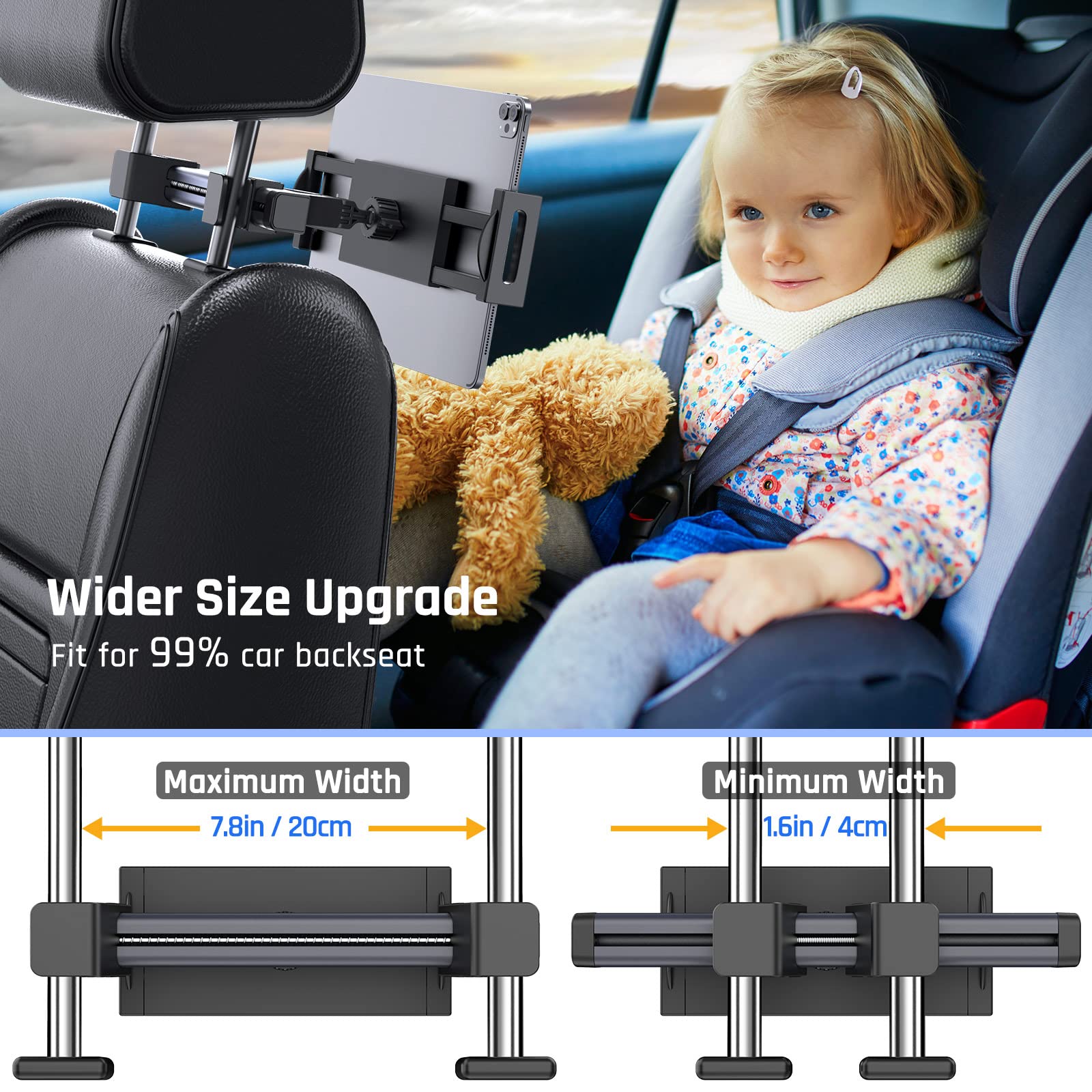 Klsniur Car Headrest Mount/Tablet Holder Car Backseat Seat Mount/Tablet Headrest Holder Universal 360° Rotate Adjustable for All 4.7"-12.9" Tablet iPad/Pro/Air/Mini,Kindle,Phone,Other Devices