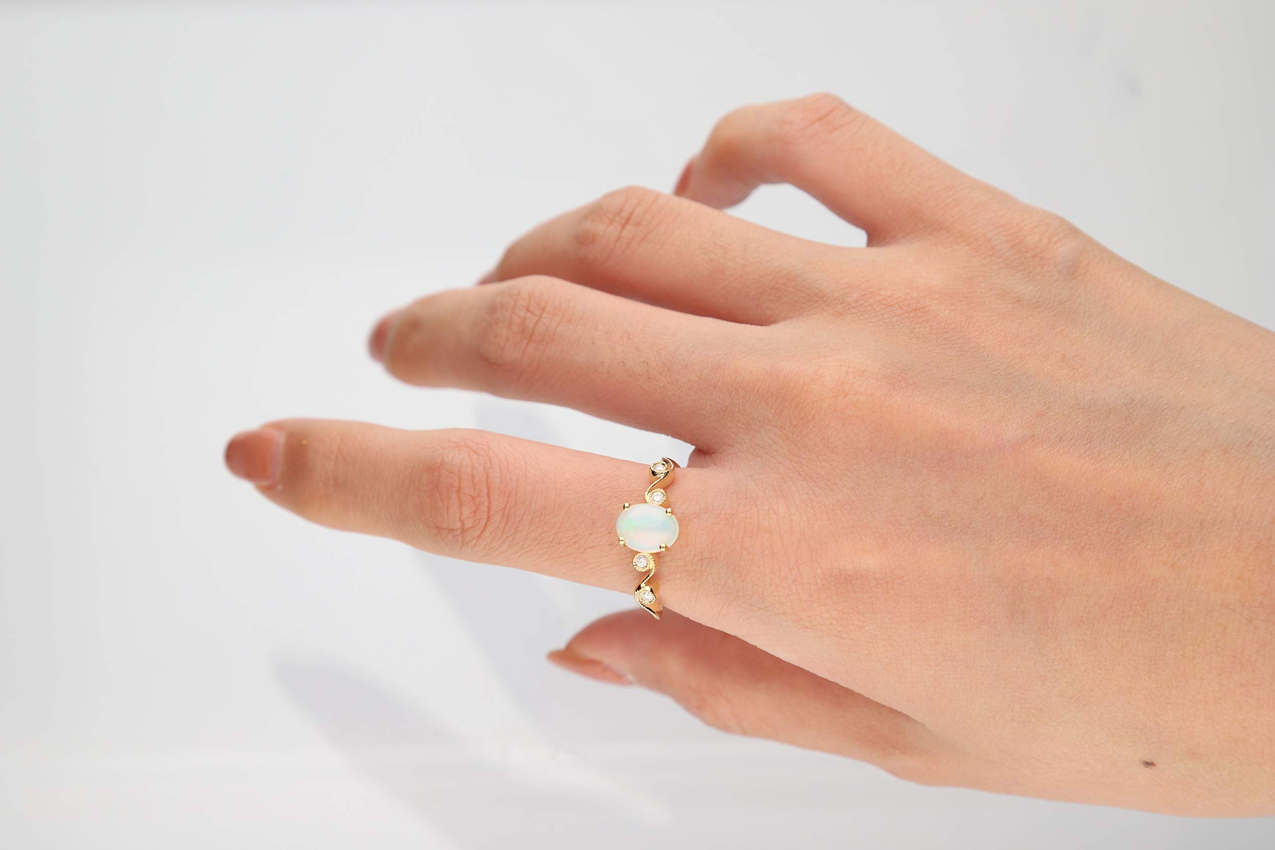 Gin & Grace 14K Yellow Gold Natural Ethiopian Opal Ring with Real Diamonds| Ethically, authentically & organically sourced (Oval) Shaped Opal Hand-Crafted Jewelry for her | Opal Ring for Women