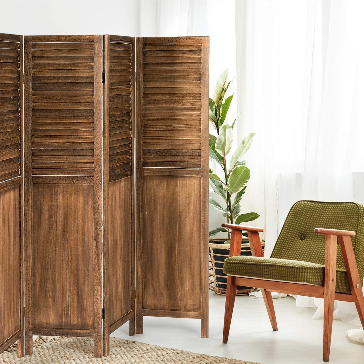 Giantex 4 Panel 5.6 ft Wooden Room Divider, Portable Partition Screen, Perfect Zoom Background, Wood Panel Dressing Screen, Indoor Outdoor Folding Privacy Screens for Home Office Barn Garden, White