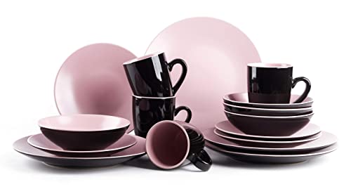 HomeVss Stoneware Two-Tone Colors Life 16pc Dinner Set,Outside Shiny Black + Inside Matte Glaze Rose
